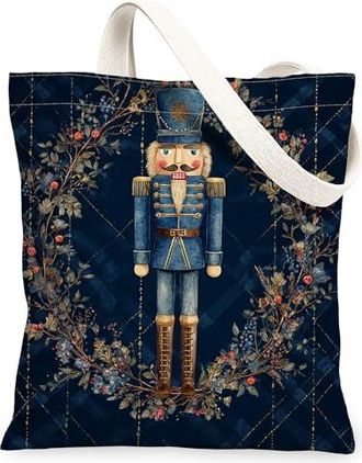 Generic Sacs fourre-tout en toile motif casse-noisette, sacs d&eacute;picerie r&eacute;utilisables, vintage l&eacute;gers et lavables avec bandouli&egrave;re pour Tra, Bleu marine, 13x15