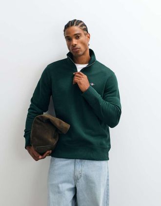 GANT pull regular fit &agrave; demi-zip avec logo &eacute;cusson en vert