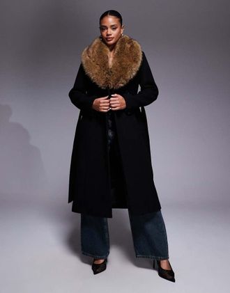 Forever New Eleganter Mantel aus Wollmix in Schwarz mit abnehmbarem Kunstpelz-Kragen in Kamelbraun
