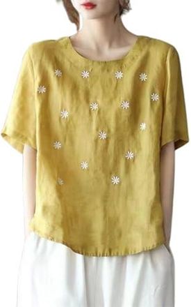 Generic T-shirt d&eacute;t&eacute; pour femme avec broderies et lin d&eacute;contract&eacute; - Design r&eacute;tro litt&eacute;raire - Couleur unie - Manches courtes, jaune, 3XL