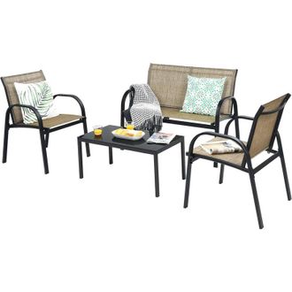 Costway Ensemble Salon de Jardin 4 Pi&egrave;ces en M&eacute;tal, 2 Fauteuils, Ensemble de Meubles de Patio 1 Causeuse 2 Chaises 1 Table Basse en Verre, pour Jardin