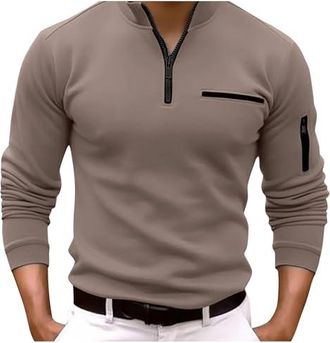 Generic Polo Homme Zipp&eacute; Quart de Travail Quart de Vie Quart de Vie Quartier Manches Longues Mode Confortable Couleur Unie avec Poche Coupe Normale, marron, 3
