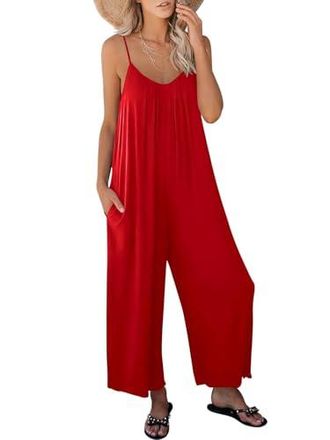 Generic Combinaison d&eacute;contract&eacute;e sans manches avec bretelles spaghetti style boh&egrave;me &agrave; jambes larges - Barboteuse tendance pour la plage et les vacances, Rouge
