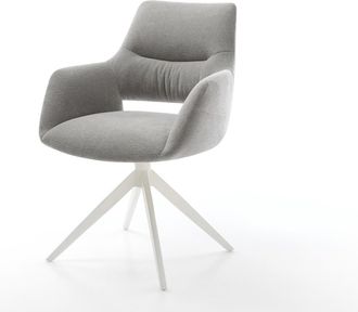 DELIFE Drehstuhl Yago-Flex mit Armlehnen Strukturstoff Soft Grau Kreuzgestell breit Wei&szlig; 360&deg; drehbar Wippfunktion Taschenfederkern, Esszimmerst&uuml;hle