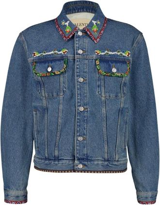 Valentino Garavani Homme, Vestes, Bleu, Taille: M Veste en jean avec broderies de perles et bords imprim&eacute;s