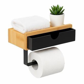 Relaxdays Toilettenpapierhalter mit Ablage f&uuml;r Handy, Schl&uuml;ssel, Klopapierhalter aus Bambus und Metall, schwarz/Natur