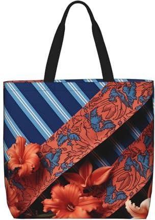 Generic Rayures Bleues Et Fleurs Rouges Sac &Agrave; Bandouli&egrave;re Pliable Sacs De Courses L&eacute;ger Sac Cabas Pour Voyage Universit&eacute; Gym