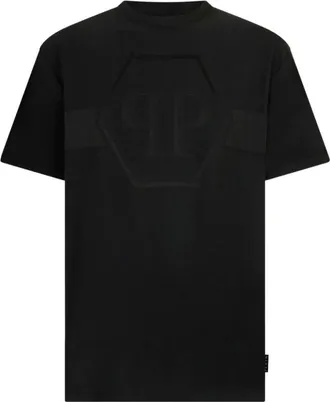 Philipp Plein Homme, Tops, Noir, Taille: S T-Shirt Col Rond Jacquard Ligne Hexagone