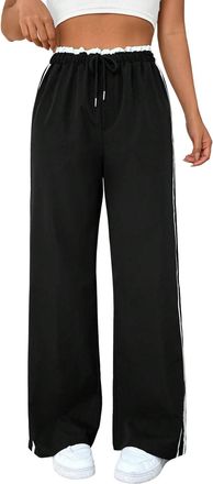 SOLY HUX Damen Hosen Y2K Breite Bein Casualhose Hohe Doppeltaille Freizeithose Locker Sporthose mit Tunnelzug Stoffhose Jogginghose Schwarz XL