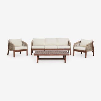 Sklum Gartenset mit 3-Sitzer-Sofa, 2 Sesseln und Couchtisch aus Akazienholz Dubai Gardenia Wei&szlig; Akazienbraun dunkel