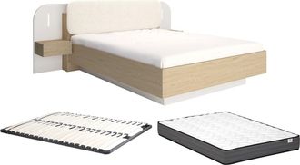 Vente-Unique Bett mit Nachttischen 160 x 200 cm - Mit LEDs - Beige und Naturholz + Lattenrost + Matratze - LYORIMA