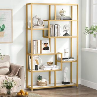 Tribesigns B&uuml;cherregal, 180cm B&uuml;roregal mit 8 offene Ablagen, Regal mit Metallrahmen, Moderne Gold Standregal f&uuml;r Wohnzimmer, Arbeitszimmer, B&uuml;ro, wei&szlig;+Gold