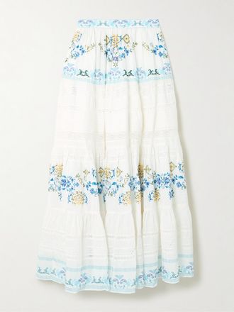 Camilla Jupe Longue En Coton Et Soie Mélangés Imprimés À Broderies Et À Dentelle My Homespun Heart - Blanc