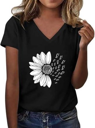 Generic T-shirt pour femme - Col en V - T-shirt d&eacute;t&eacute; &agrave; manches courtes - Haut imprim&eacute; floral - Pour le sport d&eacute;contract&eacute; et les loisirs - Tunique basique - T-