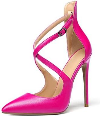 elashe Femme Escarpins Talon Stiletto Bout Pointu Bride Cheville Talon Aiguille Soirée High Heels Sexy Rose Rouge EU40