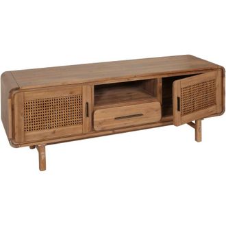 Hhg TV-Rack 011, Fernsehtisch Lowboard Kommode, Stauf&auml;cher Schublade, Rattan Akazie Massiv-Holz gebeizt 160cm 32kg