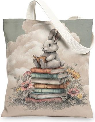 Generic Sac fourre-tout en toile avec motif de lapin mignon, sacs de courses légers et réutilisables pour livres, voyage, pique-nique en plein air, Beige, 13x