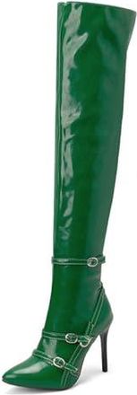 Generic Vert,44 EU,Bottes Hautes pour Femmes avec Boucle de Ceinture Tendance, Bout Pointu, Talons Aiguilles, Fermeture éclair latérale, Bottes Hautes en Cuir