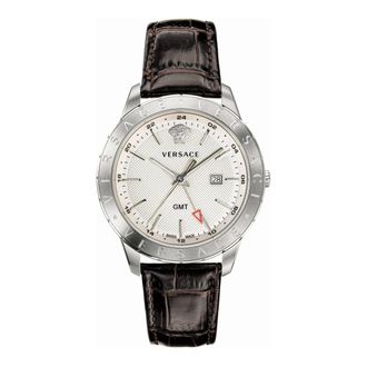 Versace Braun Leder Silber Stahl GMT Uhr - - Accessories - Herren - Mehrfarbig - ONE SIZE