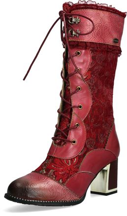 Laura Vita Damen Stiefel Leder mit floraler Pr&auml;gung Spitze und R&uuml;schen Kacio 09, Gr&ouml;&szlig;e:37 EU, Farbe:Rot