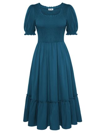 Grace Karin Lang Sommerkleid A-Linie Kleider Damenkleidung mit Quadratischem Ausschnitt Flügelärmeln für Strand Urlaub Königsblau S