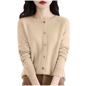 Generic Cardigan en cachemire pour femme, col rond, pull moelleux printemps hiver à manches longues tricoté de couleur unie, Kaki 2., 3XL