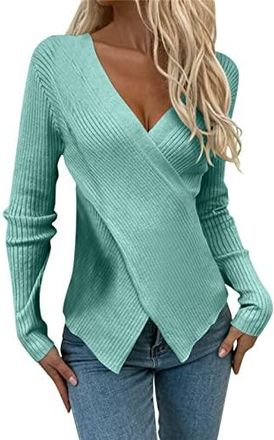 Generic Hauts tricot&eacute;s pour femmes, sweatshirts &agrave; manches longues et col en V, tricot crois&eacute; d&eacute;contract&eacute;, couleur pure, pull &agrave; manches longues, pull &eacute;l&eacute;gant p