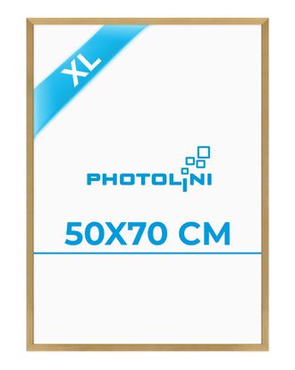 Photolini Bilderrahmen 50x70 Gold Holz MDF, 50x70 cm Bilderrahmen gro&szlig;, Rahmen 70x50 Puzzle, bruchsicheres Acrylglas, picture frame zum Aufh&auml;ngen, Fotorahmen f&uuml;