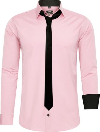 Rusty Neal Herren-Hemd Premium Slim Fit Langarm Stretch Kontrast Hemd mit Krawatte Business-Hemden Outfit Freizeithemd Set 44_99, Gr&ouml;&szlig;e:S, Farbe:Rosa
