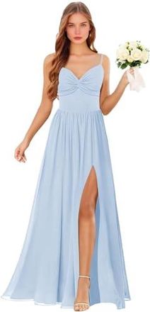 Generic Robe de demoiselle dhonneur en mousseline de soie avec col en V et bretelles spaghetti, longue robe de soirée plissée avec fente, bleu clair, 46 Grand