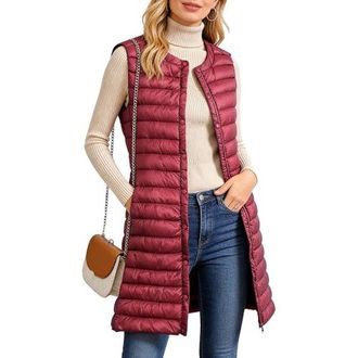 Generic Gilet matelass&eacute; long et l&eacute;ger sans manches &agrave; col rond boutonn&eacute; pour femme, rouge vin, 4XL