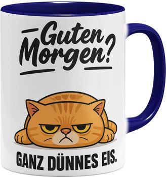 OM3 Lustige Katze Kaffee-Tasse mit Spruch - Guten Morgen Ganz d&uuml;nnes Eis - Morgenmuffel - Keramik Becher - 325ml - Beidseitig Bedruckt - Dunkelblau