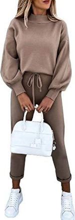 Minetom Femme Pull Automne Hiver Chemisier Tricoté Tops à Manches Longues Sportsweat Yoga 2 Pièce Survêtement Sport Combinaisons B Kaki 34