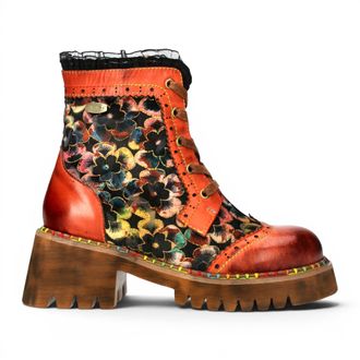 Laura Vita Laura Vita Womens Gothic Floral Orange Leather Leather Combat Boots - Oyao-11