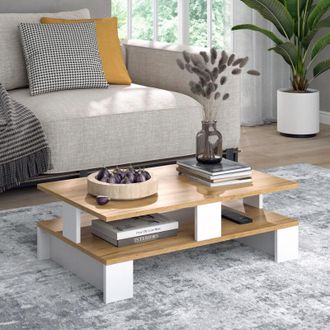 Vicco Table basse Belina, Ch&ecirc;ne dor&eacute;/blanc, 80x50cm avec deux niveaux, Vicco