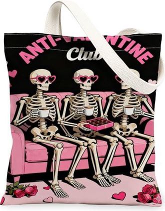 Generic Sacs fourre-tout en toile squelette anti-amour, motif cr&acirc;ne coeur, sacs d&eacute;picerie r&eacute;utilisables, saint valentin vintage l&eacute;ger lavable Sh, p&ecirc;che, 13x15