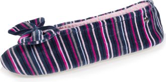 Isotoner Hausschuhe Ballerinas f&uuml;r Damen, sehr bequem, aus Bio-Baumwolle und Sohle aus Leder, gro&szlig;e Schleife, Blaue Streifen, 37/38 EU