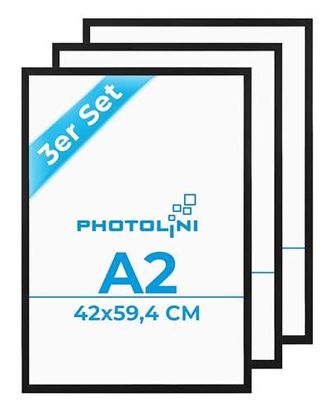 Photolini Cadre A2 42 x 59,4 bois MDF noir, lot de 3 cadres photo pour posters et affiches, verre acrylique incassable, d&eacute;coration murale &agrave; suspendre, avec acce