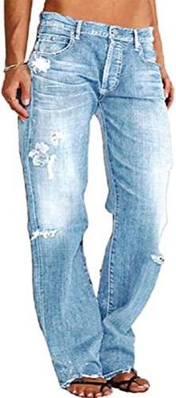 Onsoyours Jean Déchiré Femme Jeans Droit Pantalon en Jeans Taille Basse Straight Fit Jean Baggy Denim Pantalon Casual Vintage Streetwear A Bleu Clair M