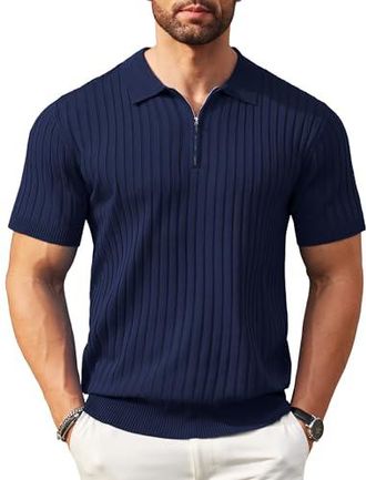 Coofandy Poloshirt pour Homme Manches Courtes Golf Polo avec Fermeture Éclair Stretch Tricoté Été Sport Polo pour Homme Bleu Marine Taille XL