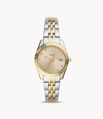 Fossil Montre Scarlette Mini &agrave; trois aiguilles avec date en acier inoxydable bicolore - Dor&eacute; Argent&eacute;