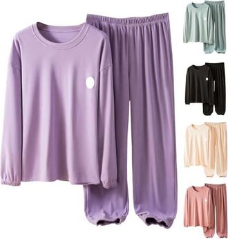 Generic Ensemble de pyjama en polaire pour femme - Combinaison de nuit à manches longues pour femme, tenue de détente de couleur unie, pull ample à col rond, 