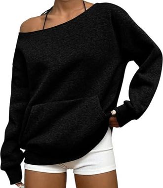 Generic Sweat-shirt à épaules dénudées pour femme, tendance, surdimensionné, mignon, sweat à capuche uni avec poche, Noir, XXL