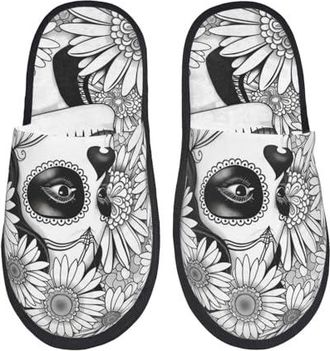 Generic Chaussons Femme Homme Portrait De Crâne En Sucre Avec Des Fleurs Chausson Hommes Lavable Doublées En Peluche Chaude Pantoufles, Pour Intérieur Extérie