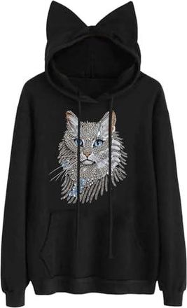 Generic Sweat à capuche avec oreilles pour femme - Sweat à capuche surdimensionné à motif animal - Sweat à capuche imprimé chat chaton - Manches longues - Swe