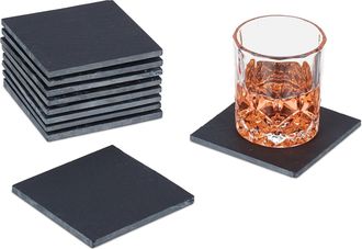 Relaxdays Schiefer Untersetzer, 10er Set, eckige Getränkeuntersetzer, H x B: 10x10 cm, Schieferplatte Gläser, anthrazit
