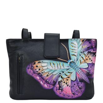 Anuschka Damen Medium Tote Handbemalte Tragetasche aus echtem Leder, Größe M, Schwarz, Magical Wings Black