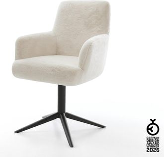 DELIFE Drehstuhl Heira-Flex mit Armlehnen Pl&uuml;sch Creme-Wei&szlig; Fu&szlig;kreuz Schwarz 360&deg; drehbar Wippfunktion Taschenfederkern, Esszimmerst&uuml;hle