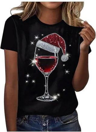 Generic T-shirts de Noël pour femme - Imprimé flocon de neige à manches courtes - Tunique décontractée ample à col rond - Motif arbre de Noël - Joli chemisier