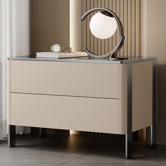 Generic Minimalistischer Italienischer Nachttisch - Cremefarbenes Massivholz Mit Weichem PU-Lederbezug(50cm)